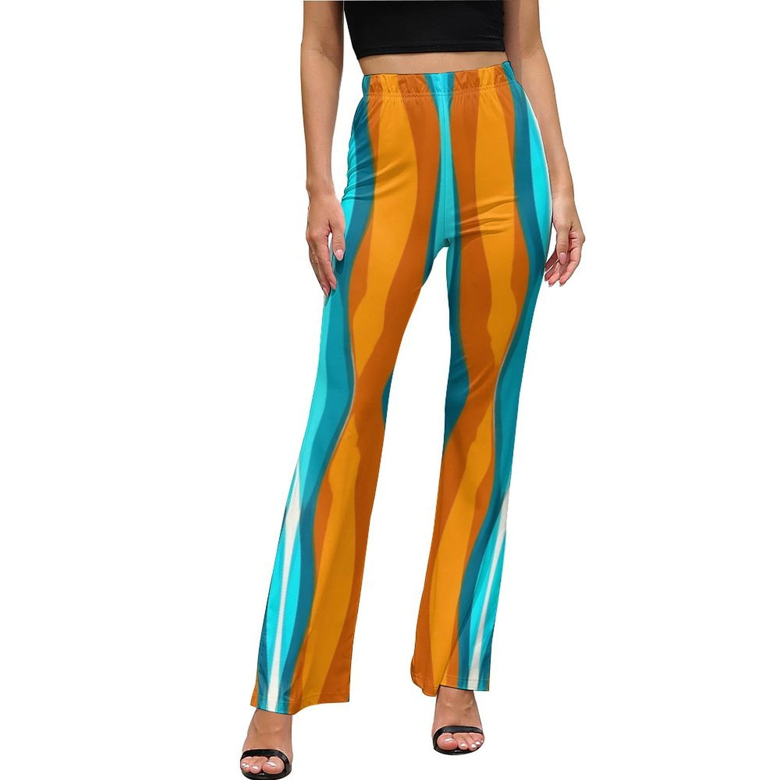 Abstract Orange Teal Wavy Pattern High Waisted Casual Flared Trousers ...