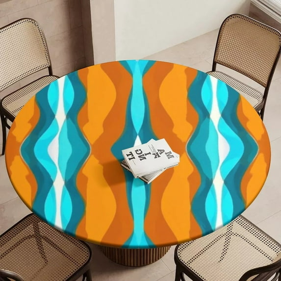 Abstract Orange Teal Wavy Pattern Round Table Cover Kitchen Printed ...