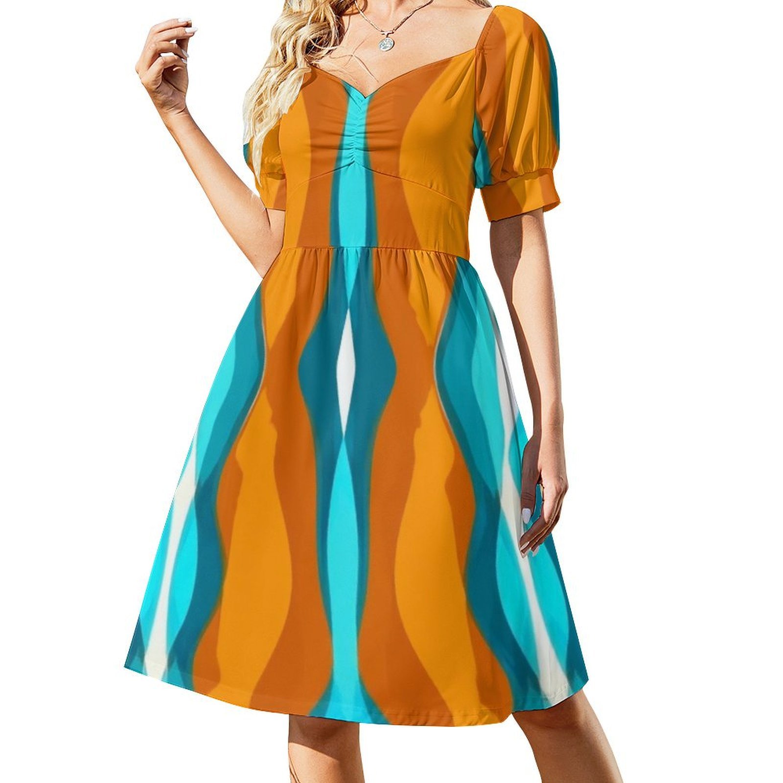 Abstract Orange Teal Wavy Pattern Short Sleeve Dress Clothes Women's ...
