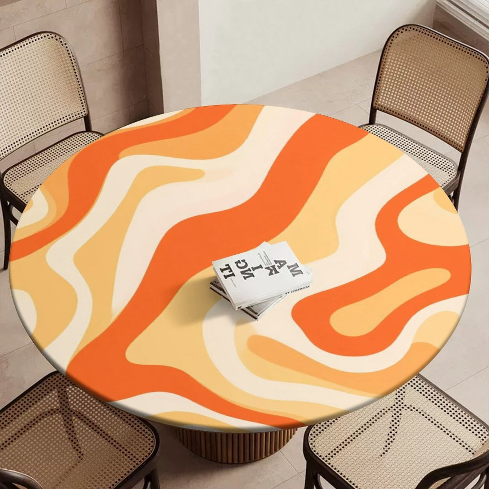 Abstract Orange Wavy Pattern Design Round Table Cover Kitchen Printed ...