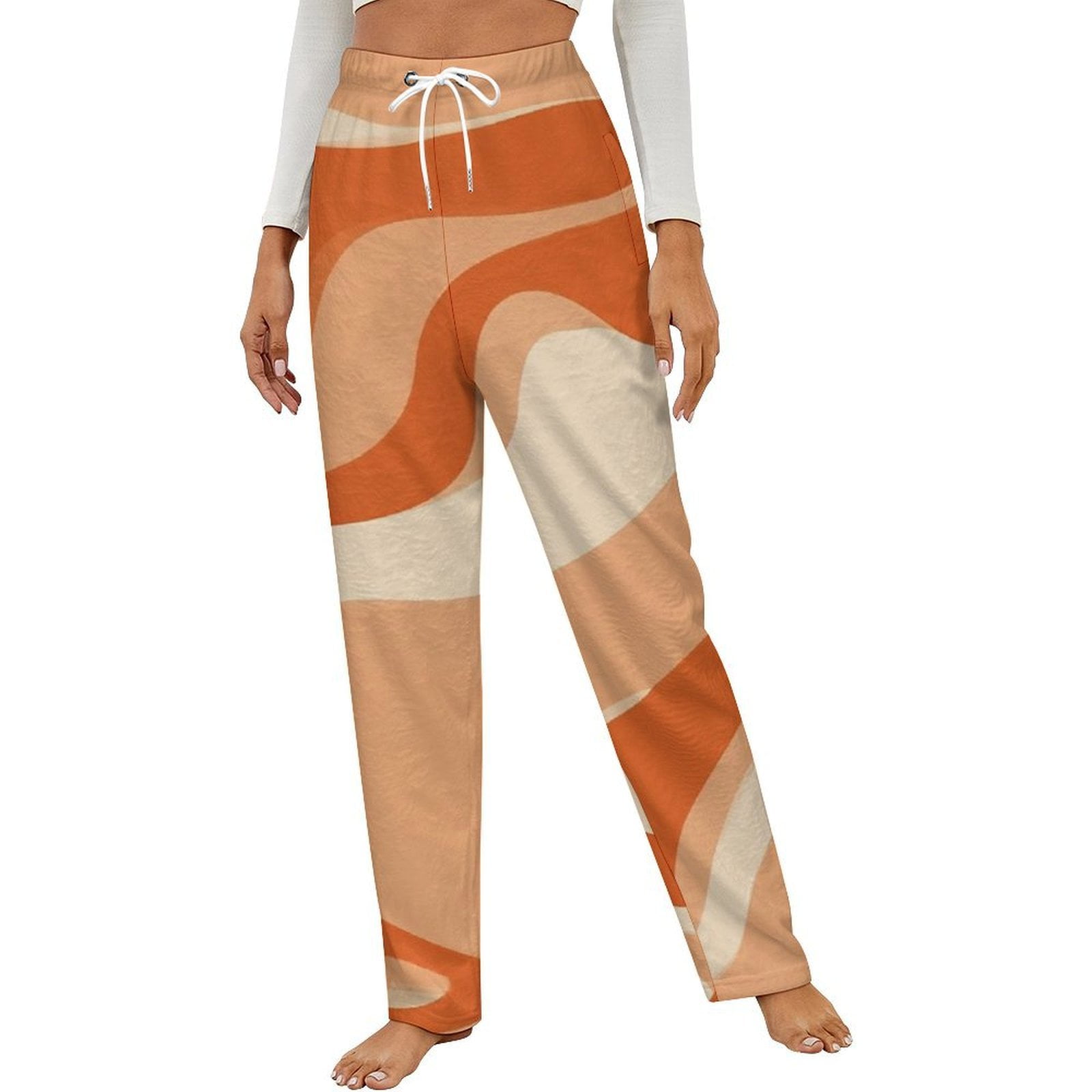 Abstract Orange Wavy Pattern Design Winter Female Pants Flannel High ...