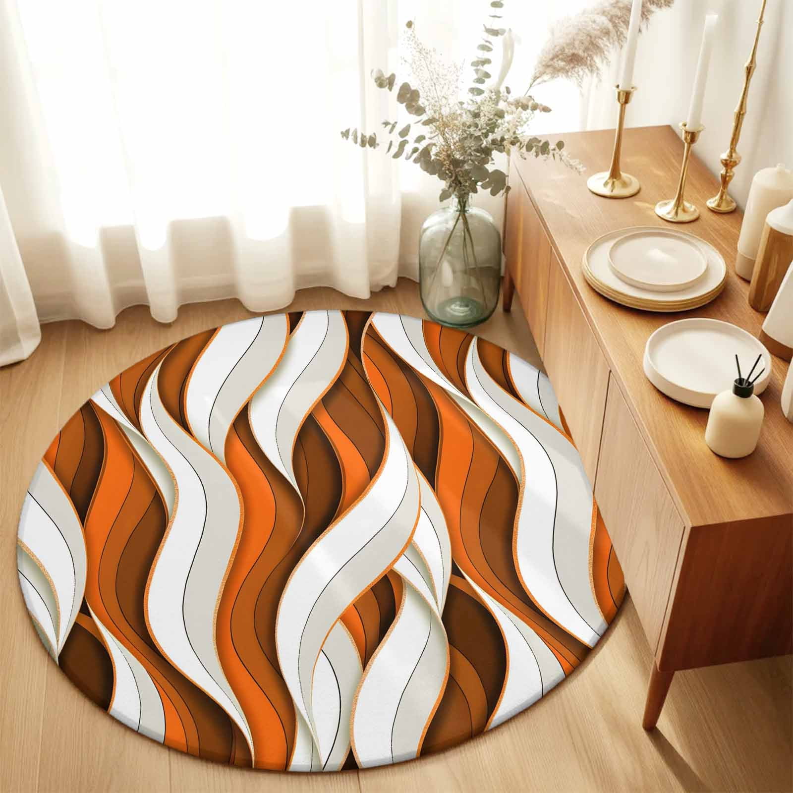 Abstract Orange White Stripe Round Rug 3ft Gradient Geometric Line ...