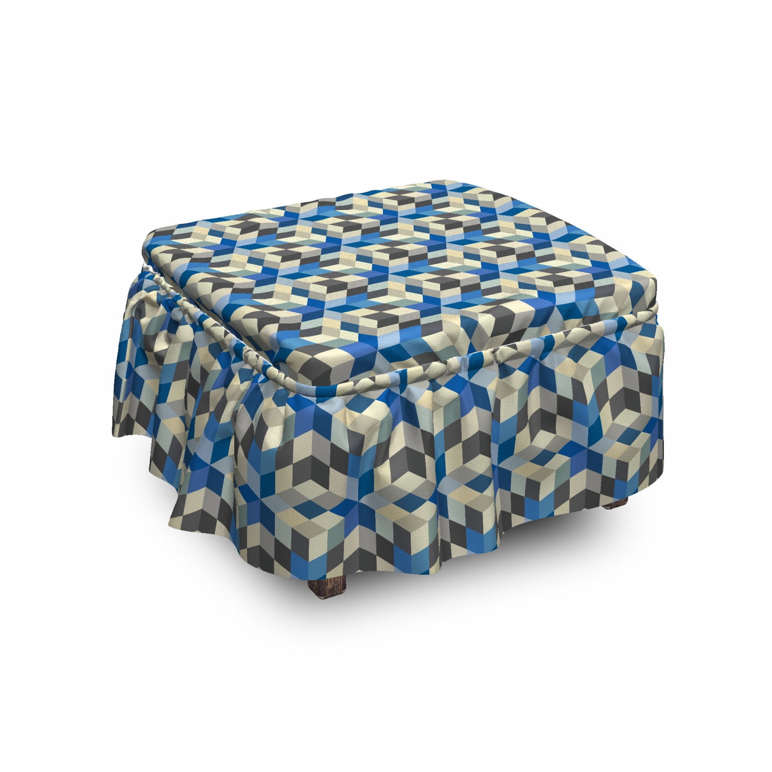 Abstract Ottoman Cover, 3D Cube Modern Art, 2 Piece Slipcover Set with ...