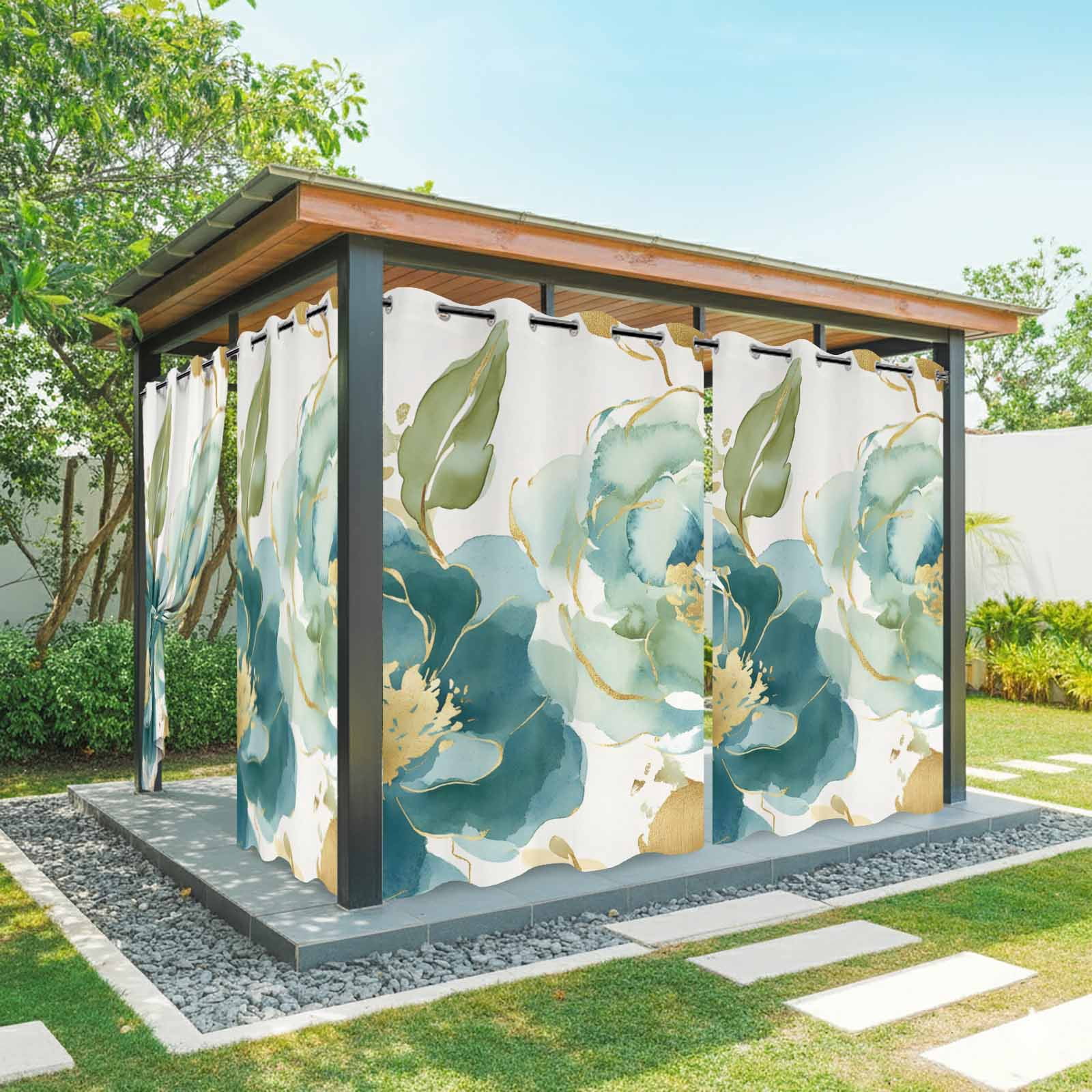 Abstract Outdoor Curtains for Patio Waterproof, Green Peony Pattern ...