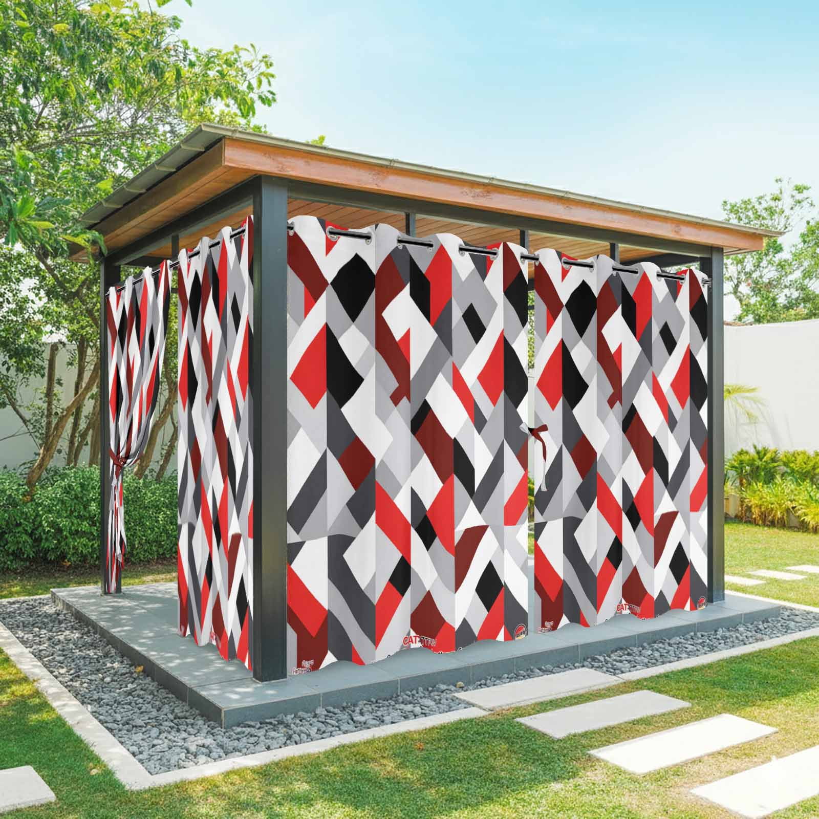 Abstract Outdoor Curtains for Patio Waterproof, Red Black Geometric ...