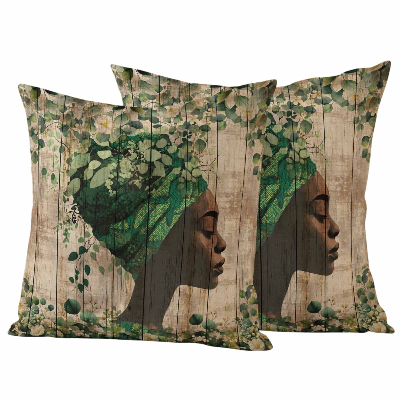 Abstract Outdoor Pillow Covers Set of 2 Women with Head Scarves Green ...