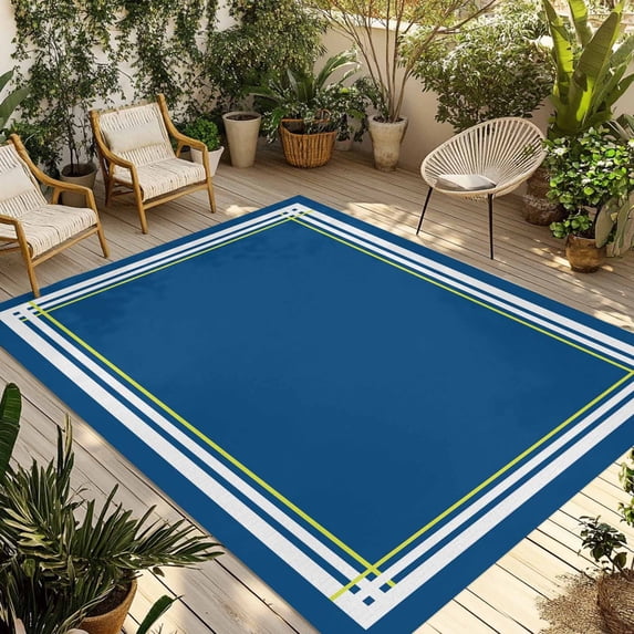 Abstract Outdoor Rug, Blue Color Block White Lines Non-Slip Area Rugs ...