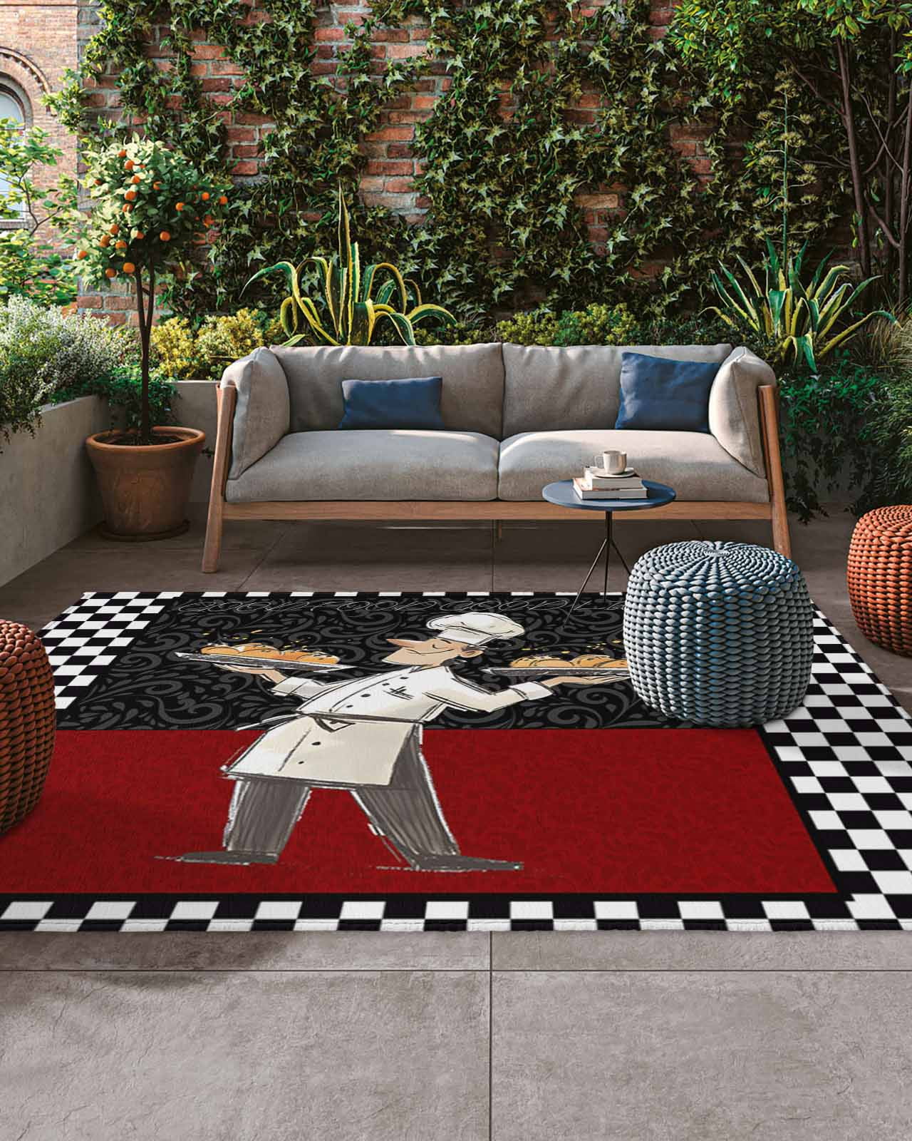 Abstract Outdoor Rug, Cartoon Style Chef Bread White Black Checkered ...