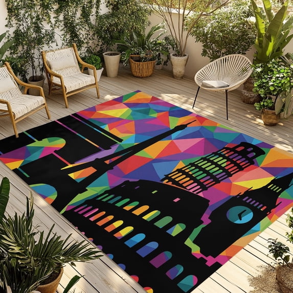 Abstract Outdoor Rug, Colorful Patchwork Geometric Modern City ...