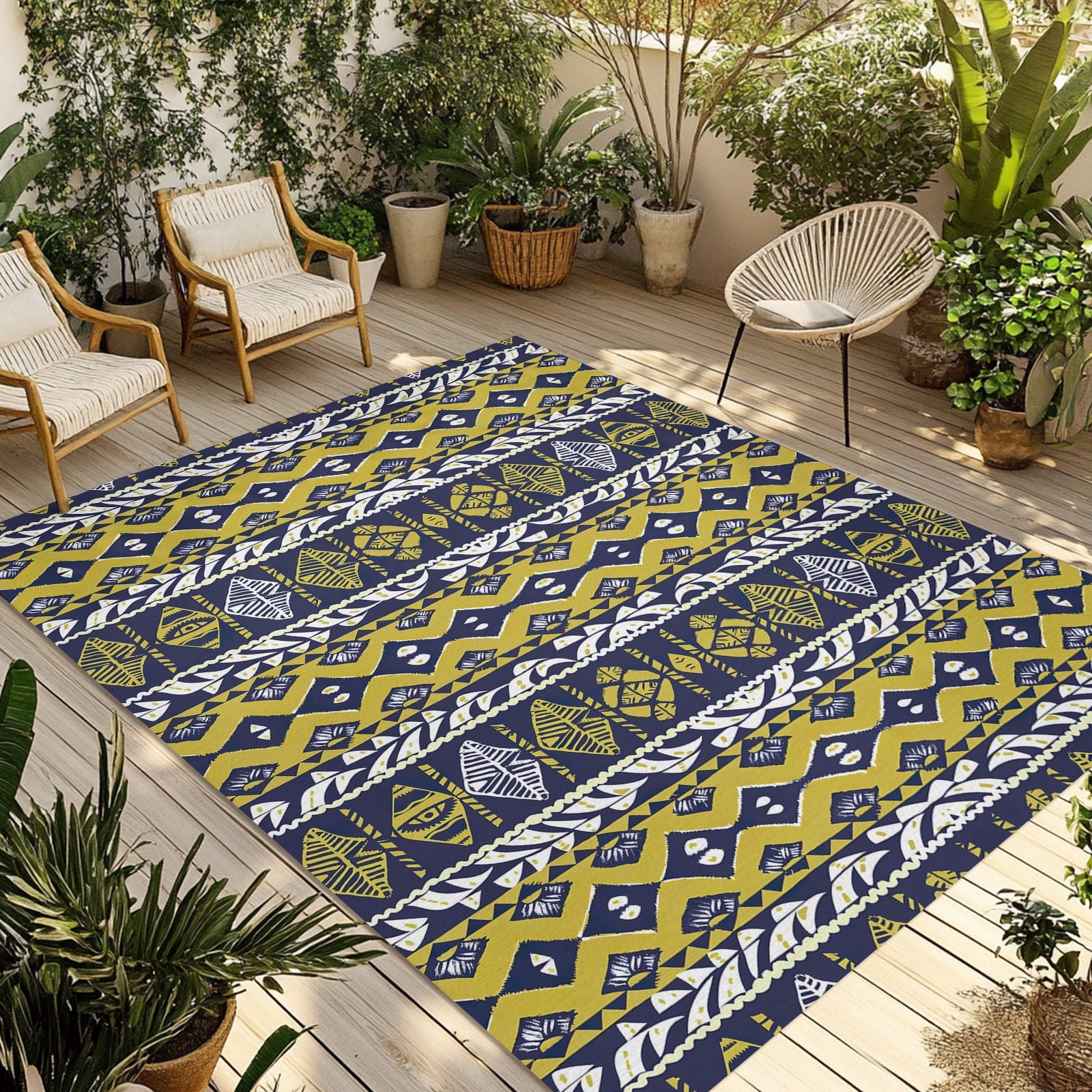 Abstract Outdoor Rug, Ethnic Tribal Decor Aztec Line Pattern Non-Slip ...