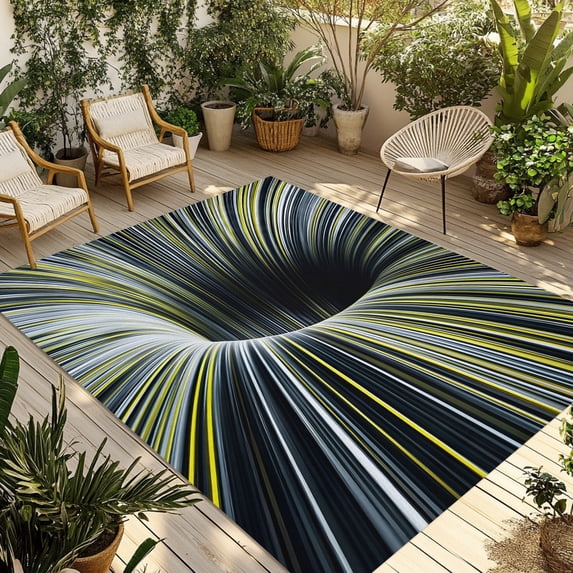 Abstract Outdoor Rug, Lemon Yellow White Linear Warp Optical Tunnel ...
