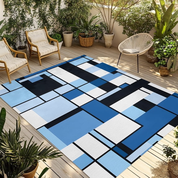 Abstract Outdoor Rug, Medieval Blue Black Geometrical Non-Slip Area ...