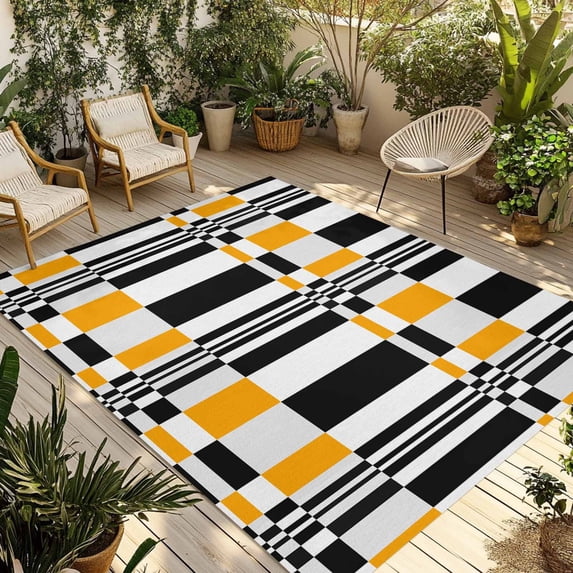 Abstract Outdoor Rug, Medieval Yellow Black Geometrical Art Non-Slip ...