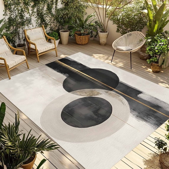 Abstract Outdoor Rug, Mottled Geometric Black Gold Stripe Circle Moon ...