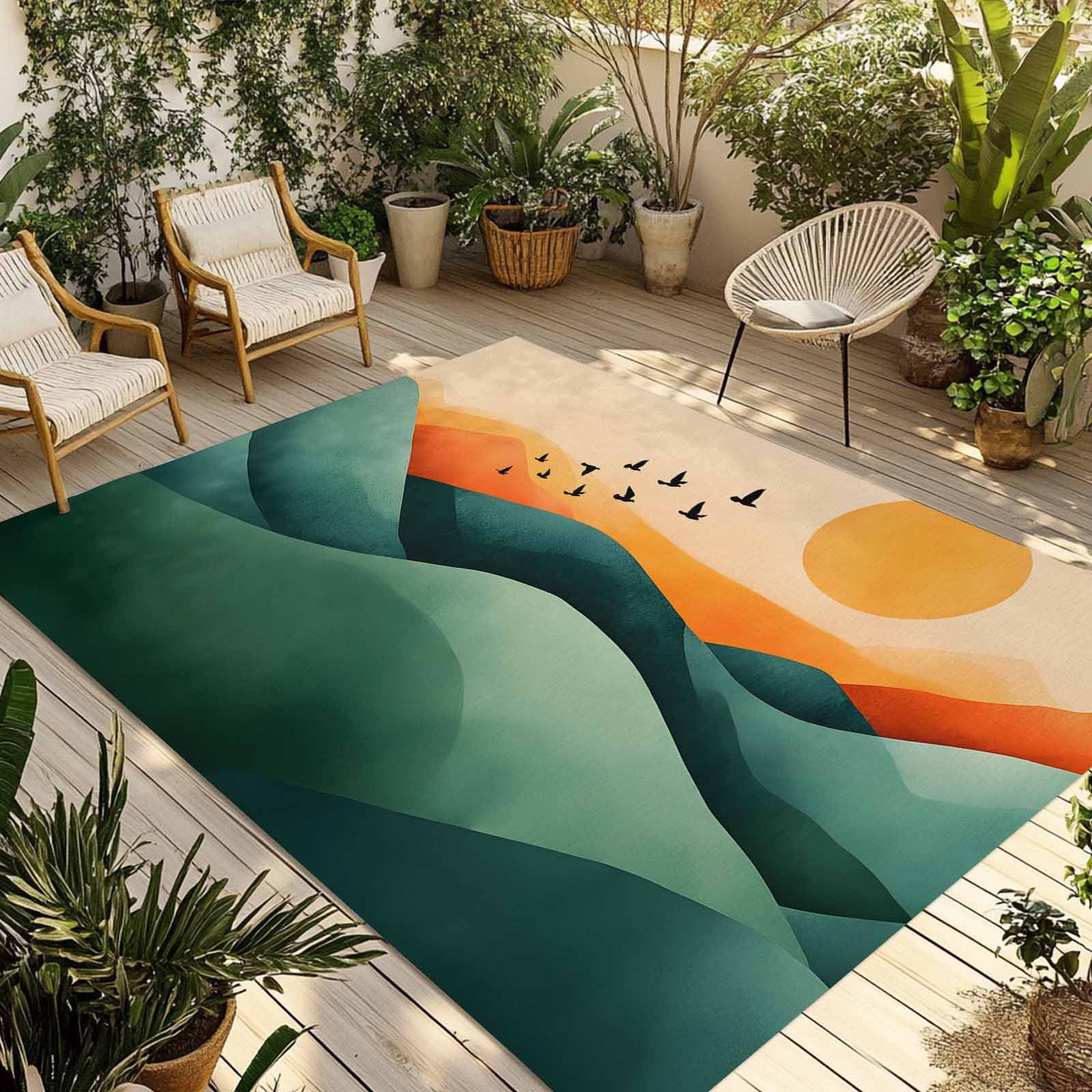 Abstract Outdoor Rug, Peaks Sun Set Birds Oil Painting Non-Slip Area ...