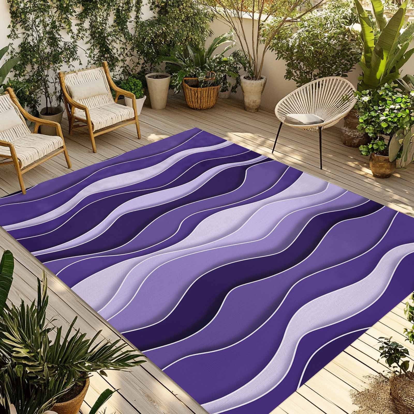 Abstract Outdoor Rug, Purple Gradient Waves Beach Lines Non-Slip Area ...