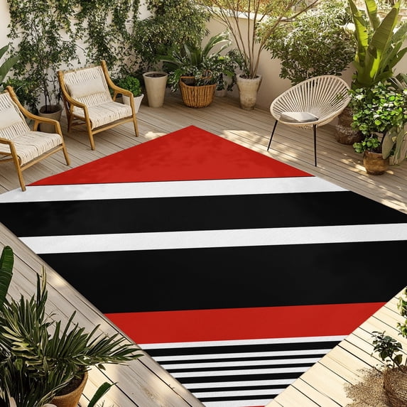 Abstract Outdoor Rug, Red White Black Diagonally Striped Non-Slip Area ...