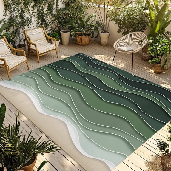 Abstract Outdoor Rug, Sage Green Brown Gradient Ocean Waves Non-Slip ...