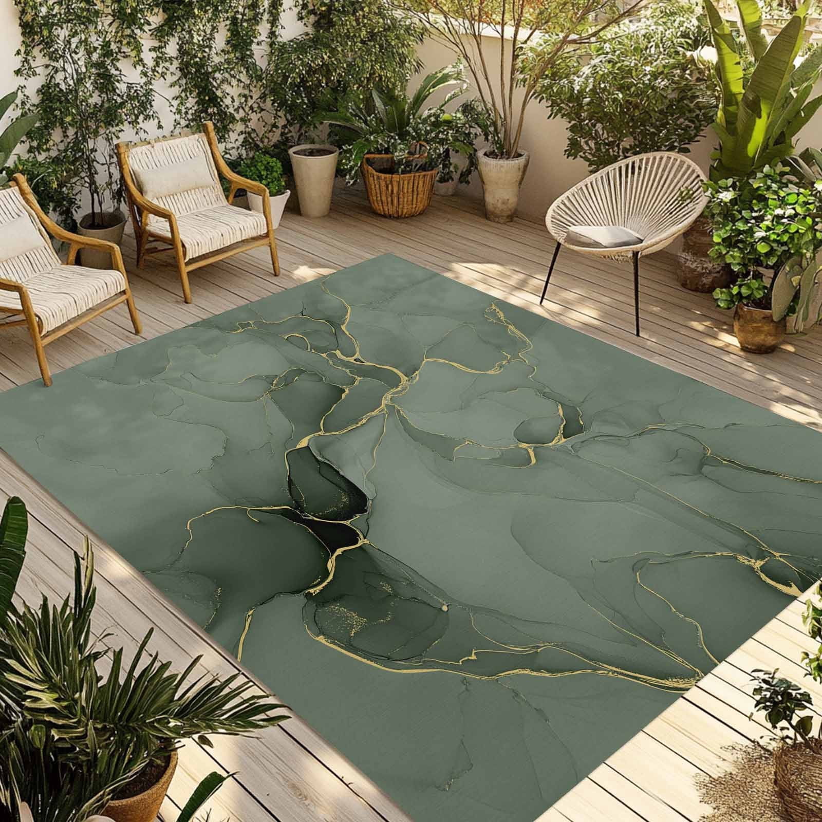 Abstract Outdoor Rug, Sage Green Golden Marble Fluid Lines Non-Slip ...