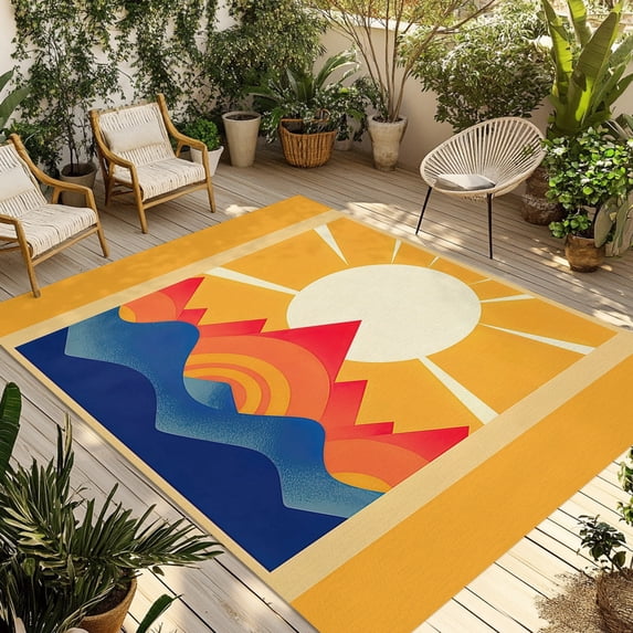 Abstract Outdoor Rug, Sun Mountains Gradient Peaks Rays Hand Drawn Non ...