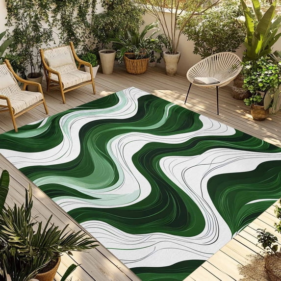 Abstract Outdoor Rug, Wavy Lines Green and White Gradient Texture ...