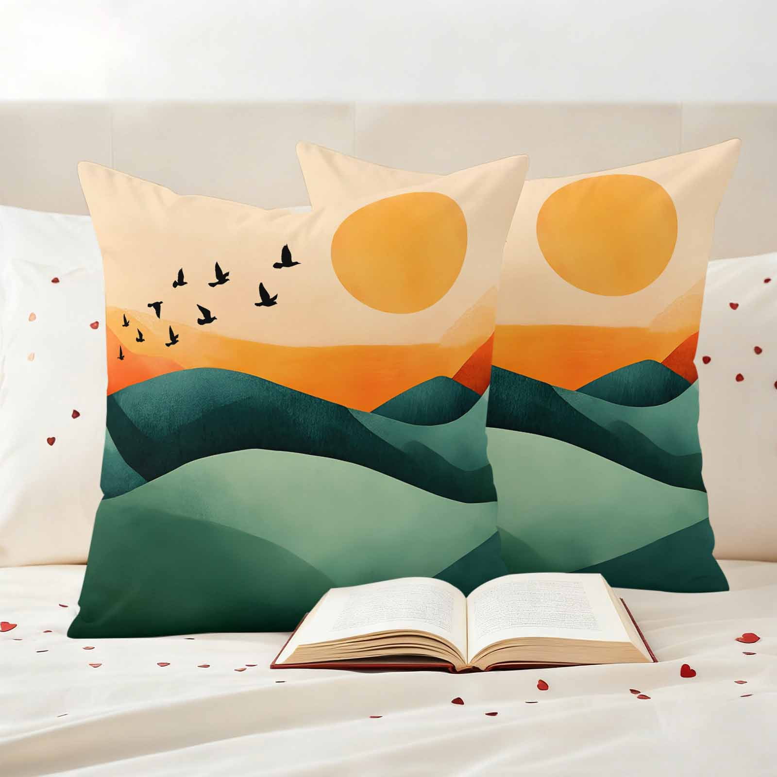 Abstract Outdoor Throw Pillow Covers Set of 2, Peaks Sun Set Birds Oil ...