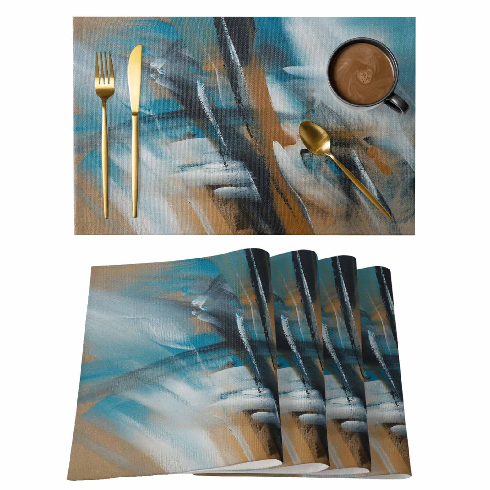 Abstract Paint Art Cotton Linen Placemats Set of 6, Blue Classic Orange ...