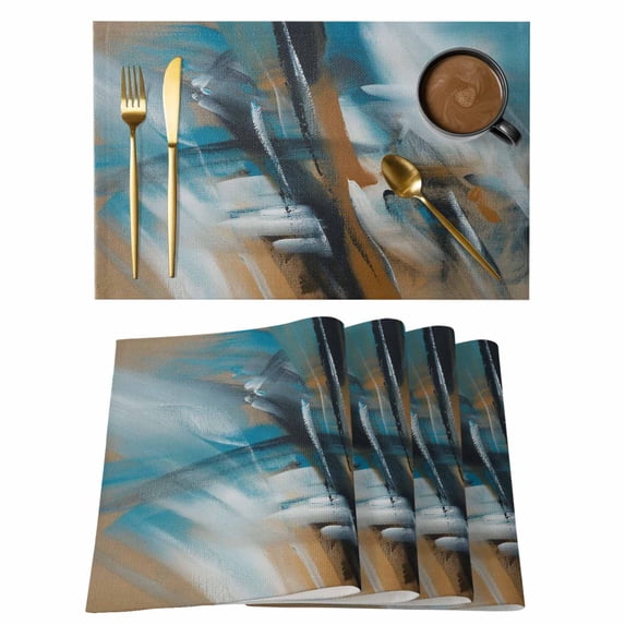 Abstract Paint Art Cotton Linen Placemats Set of 6, Blue Classic Orange ...