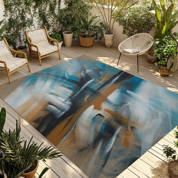Abstract Paint Art Outdoor Rug, Blue Classic Orange Retro Texture Non ...