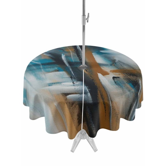 Abstract Paint Art Round Outdoor Tablecloth with Umbrella Hole Blue ...