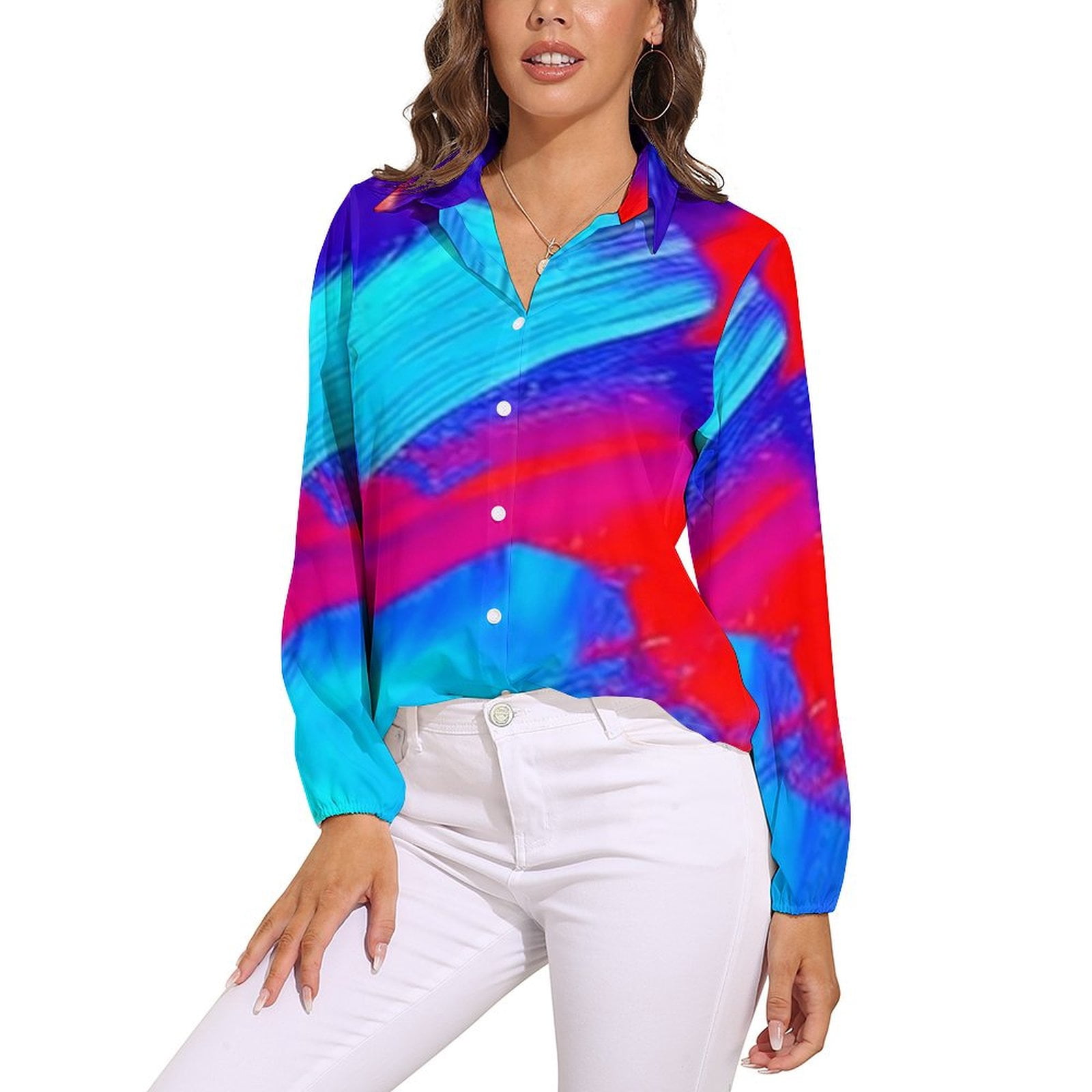 Abstract Paint Brush Blouse Women Pink and Orange Casual Loose Blouses ...