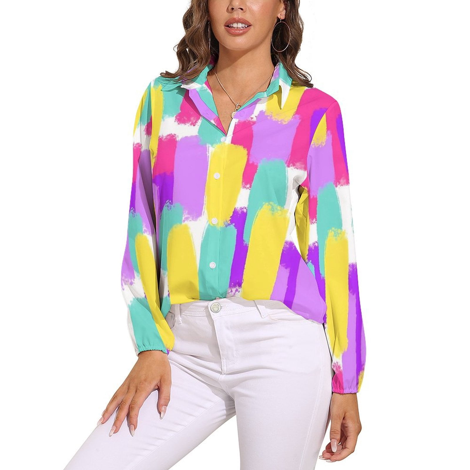 Abstract Paint Brush Blouse Women Pink and Orange Casual Loose Blouses ...