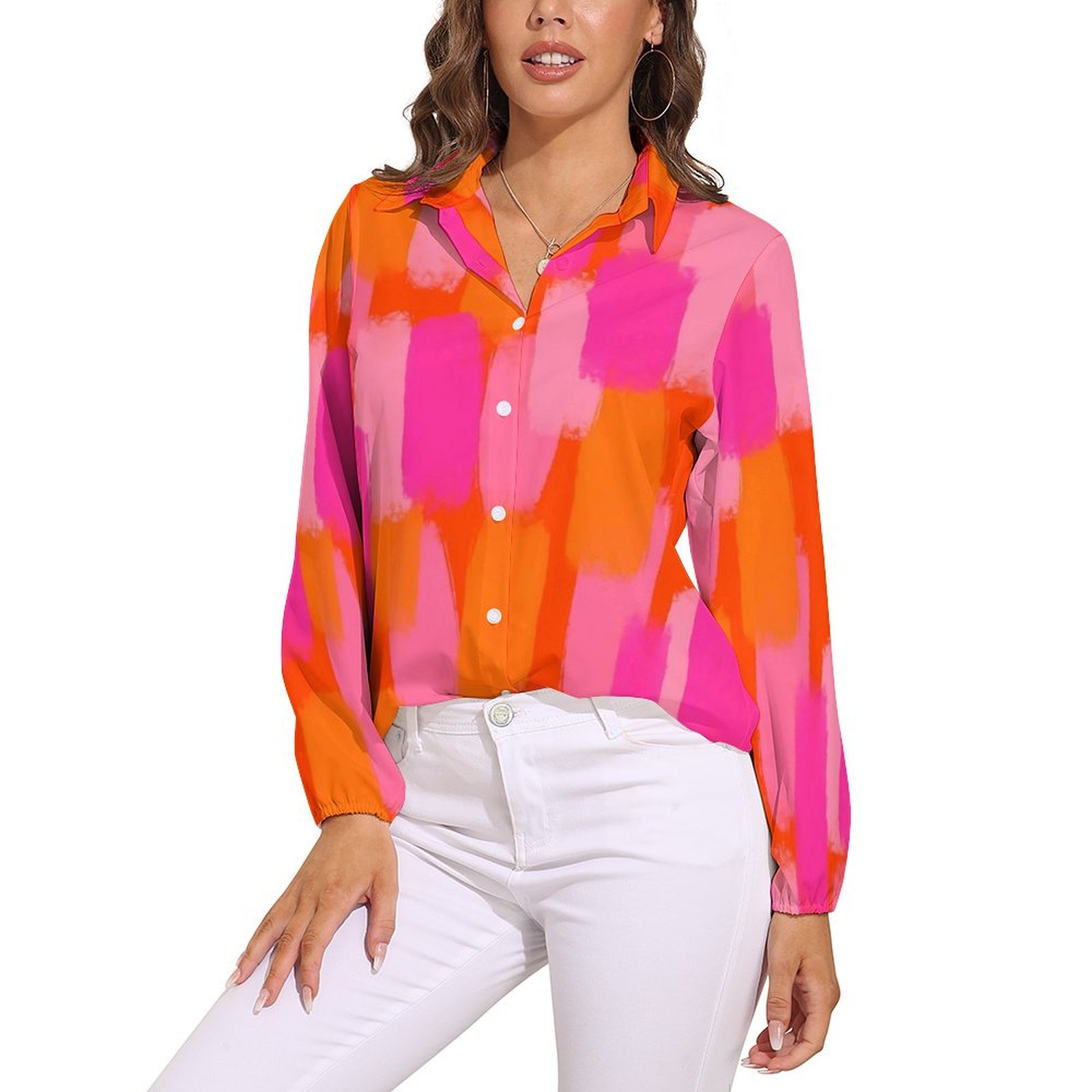 Abstract Paint Brush Blouse Women Pink and Orange Casual Loose Blouses ...