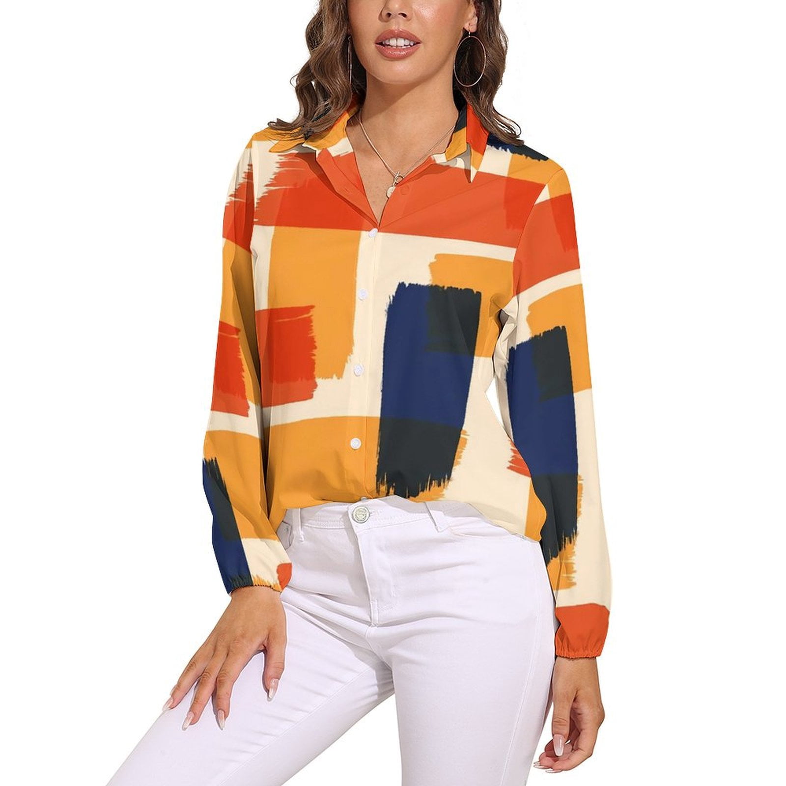 Abstract Paint Brush Blouse Women Pink and Orange Casual Loose Blouses ...