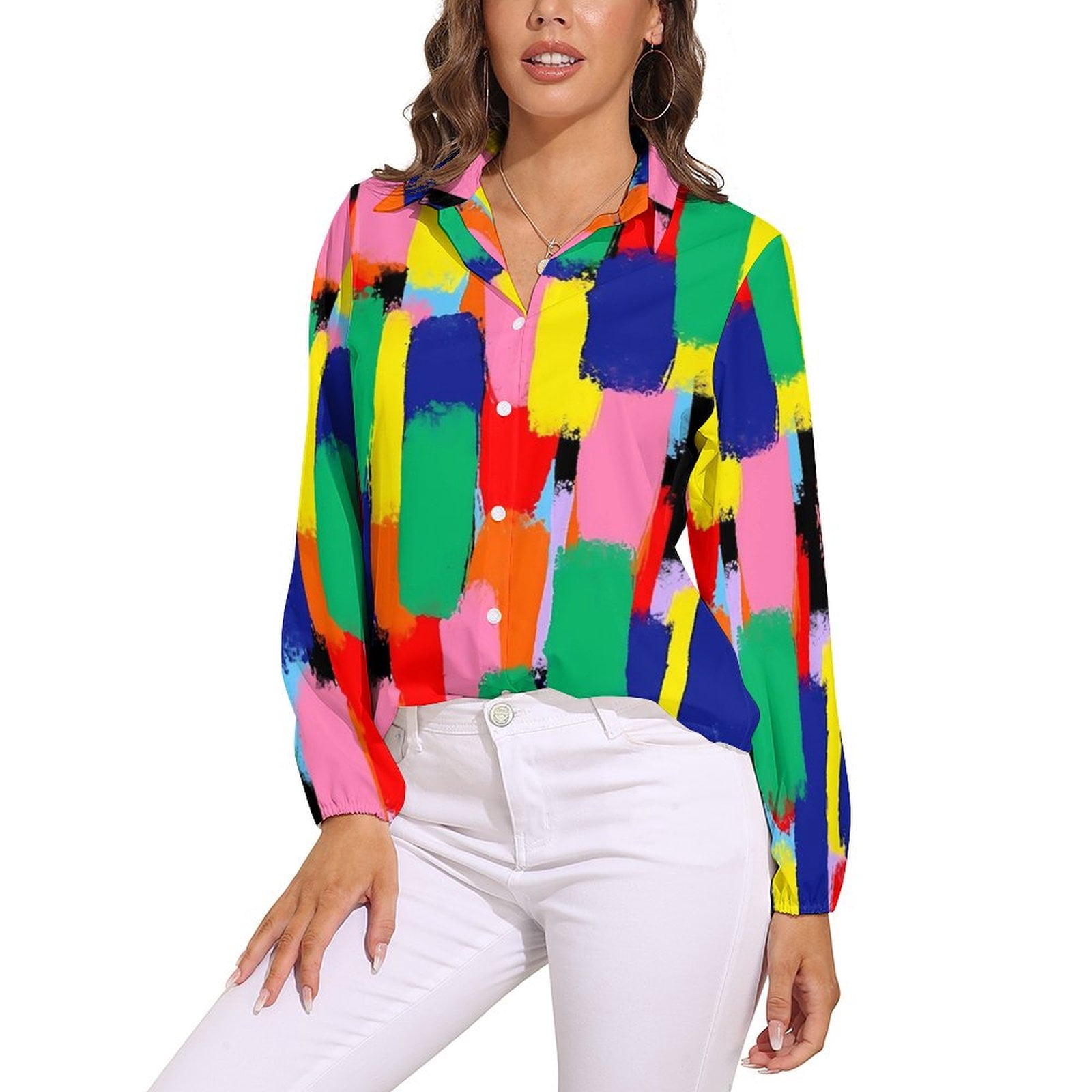 Abstract Paint Brush Blouse Women Pink and Orange Casual Loose Blouses ...