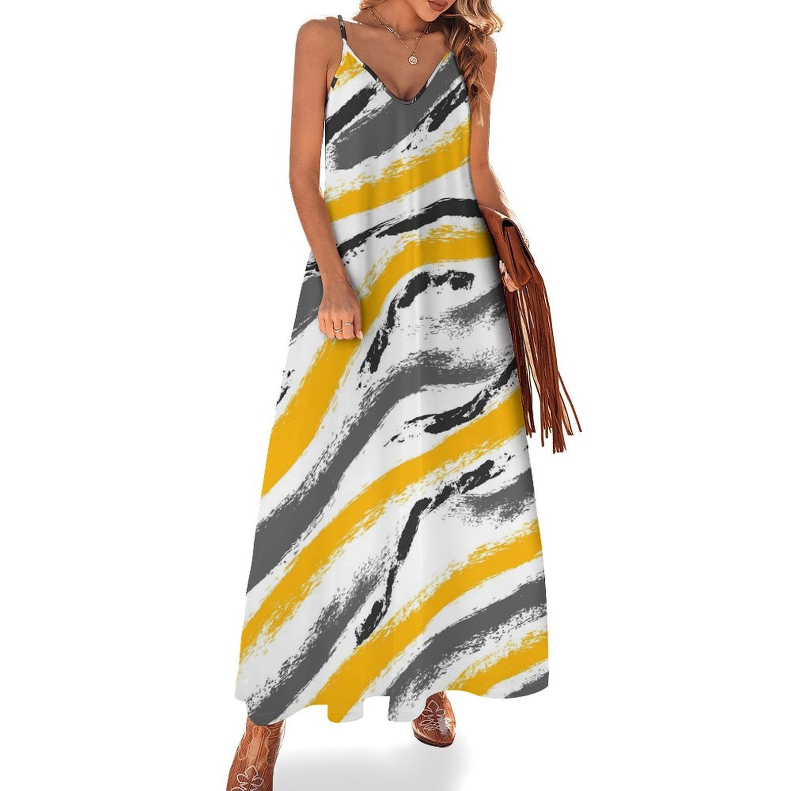 Abstract Paint Brush Dress Red Blue Yellow Club Maxi Dress V Neck ...