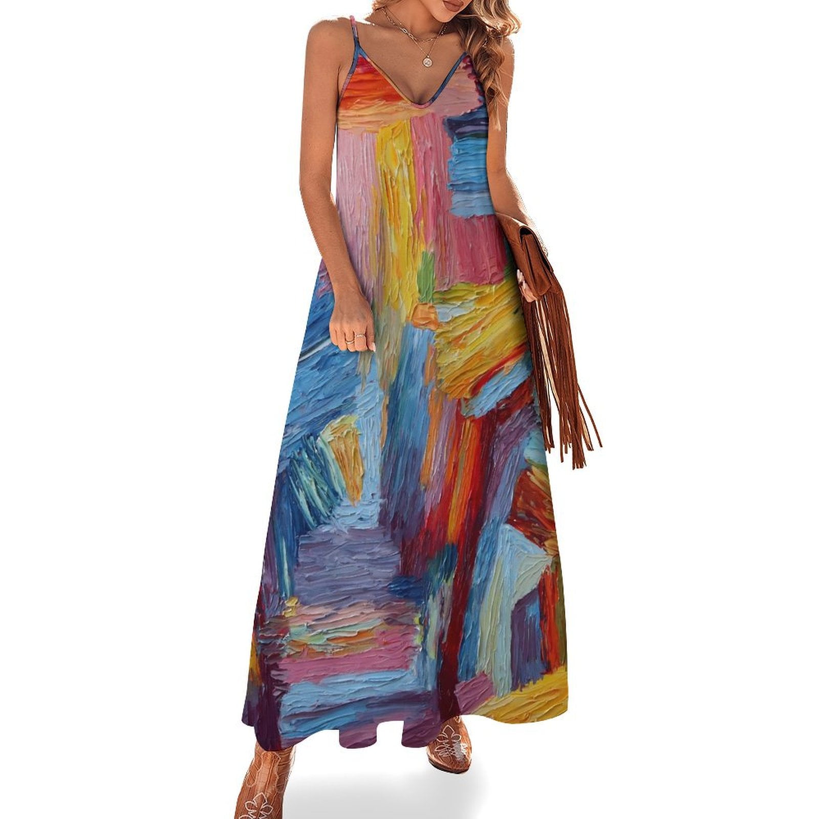 Abstract Paint Brush Dress Red Blue Yellow Club Maxi Dress V Neck ...