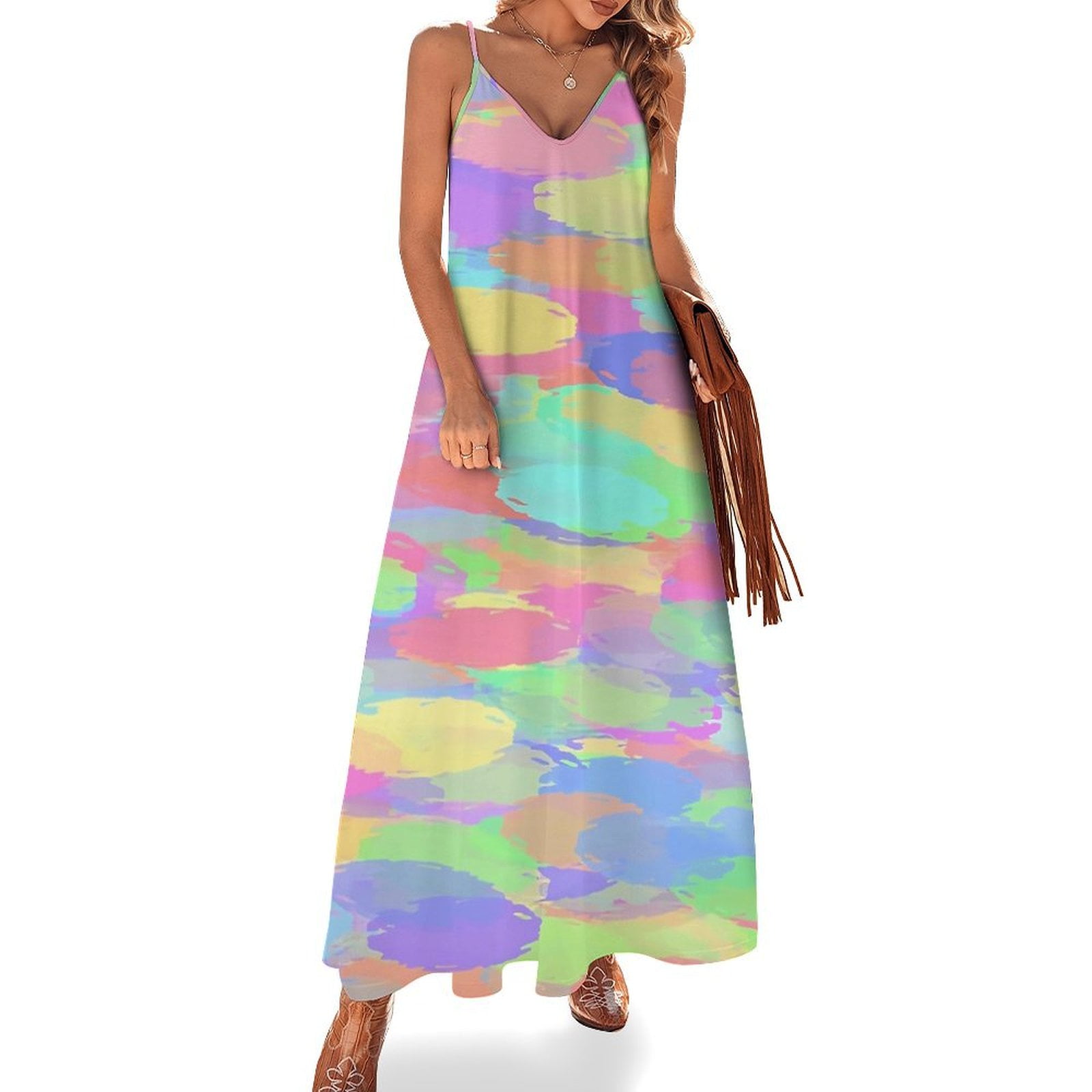 Abstract Paint Brush Dress Red Blue Yellow Club Maxi Dress V Neck ...