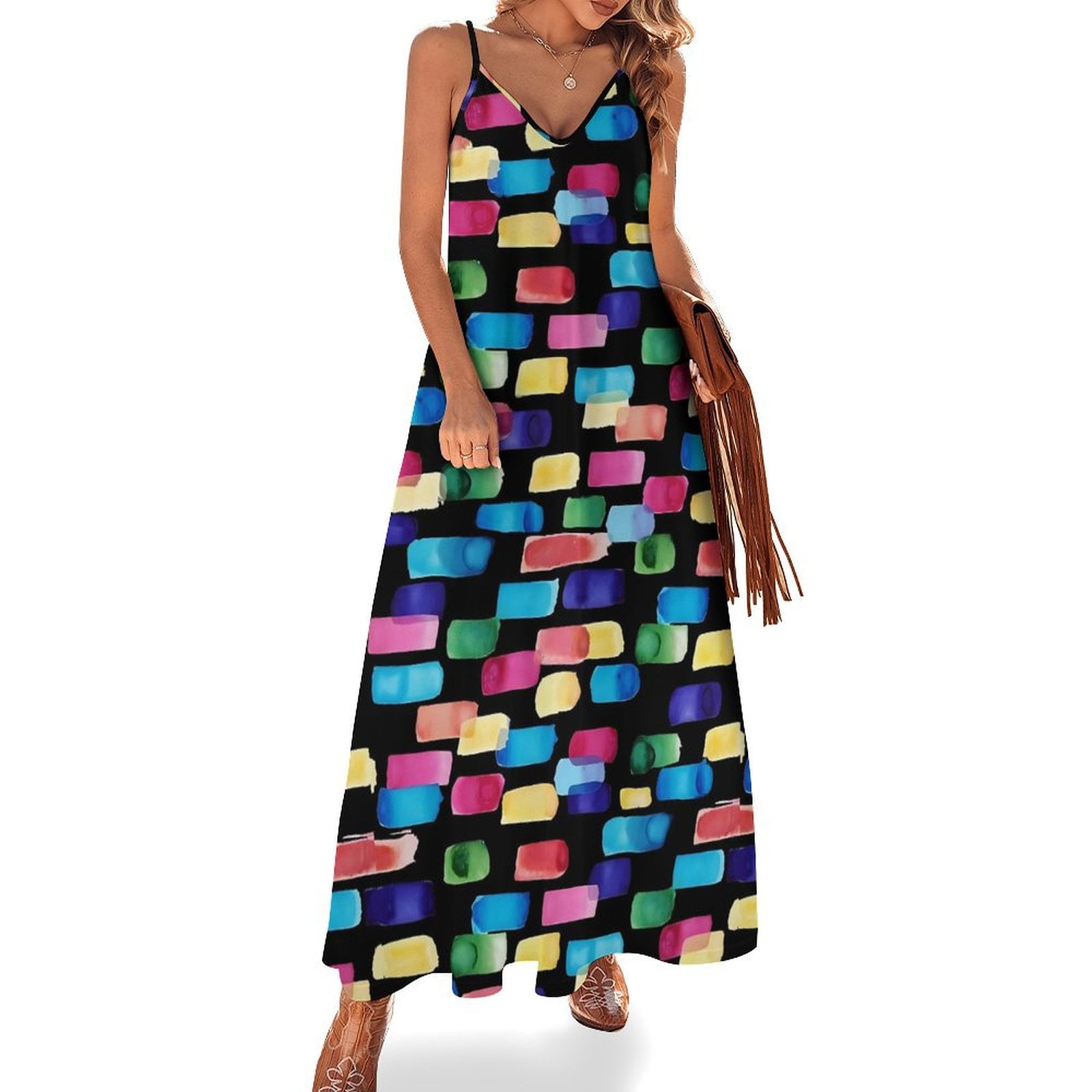 Abstract Paint Brush Dress Red Blue Yellow Club Maxi Dress V Neck ...