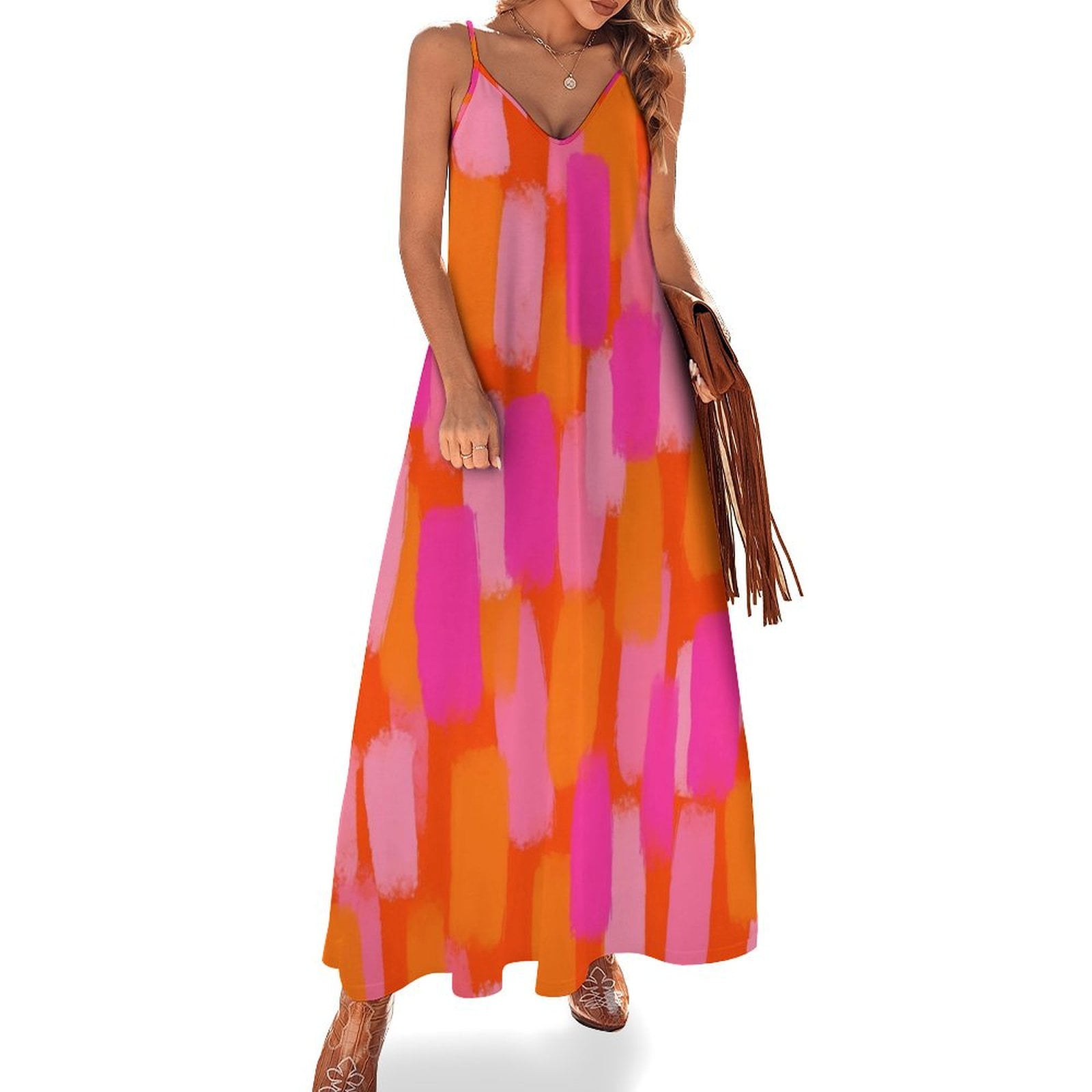Abstract Paint Brush Dress Red Blue Yellow Club Maxi Dress V Neck ...