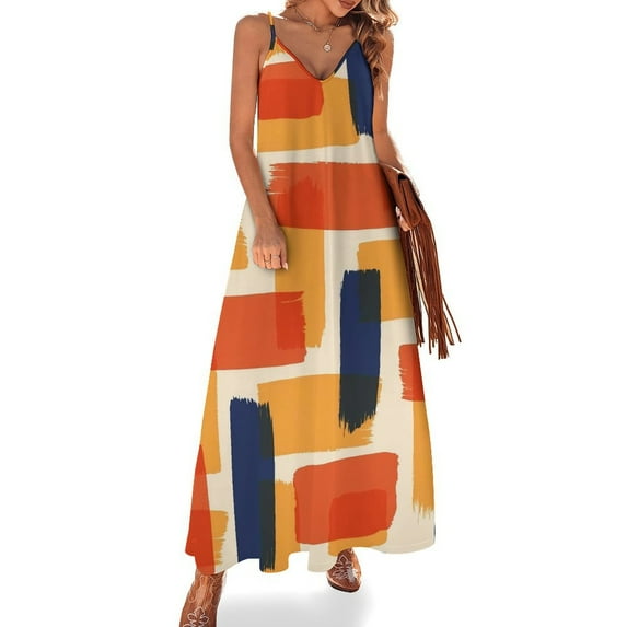 Abstract Paint Brush Dress Red Blue Yellow Club Maxi Dress V Neck ...