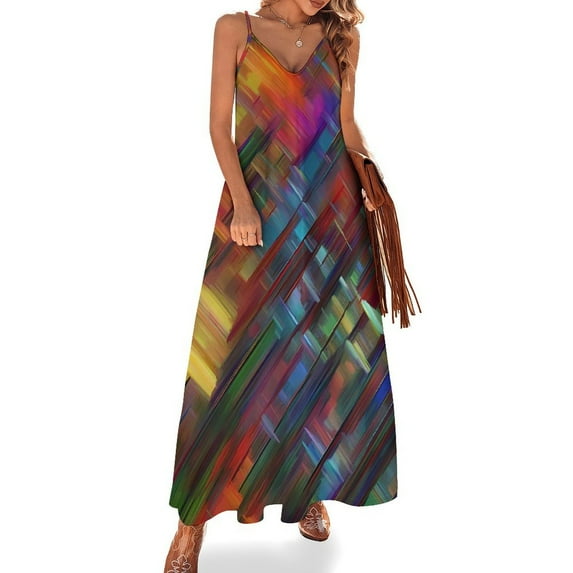 Abstract Paint Brush Dress Red Blue Yellow Club Maxi Dress V Neck ...
