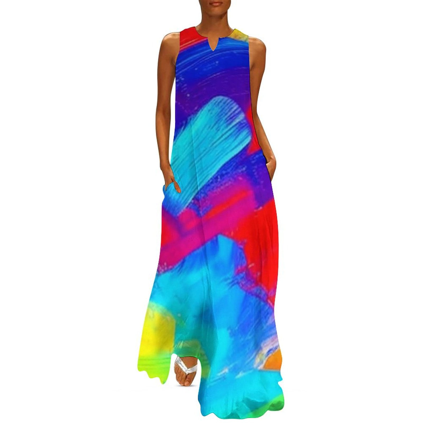 Abstract Paint Brush Dress Spring Red Blue Yellow Street Fashion Boho ...
