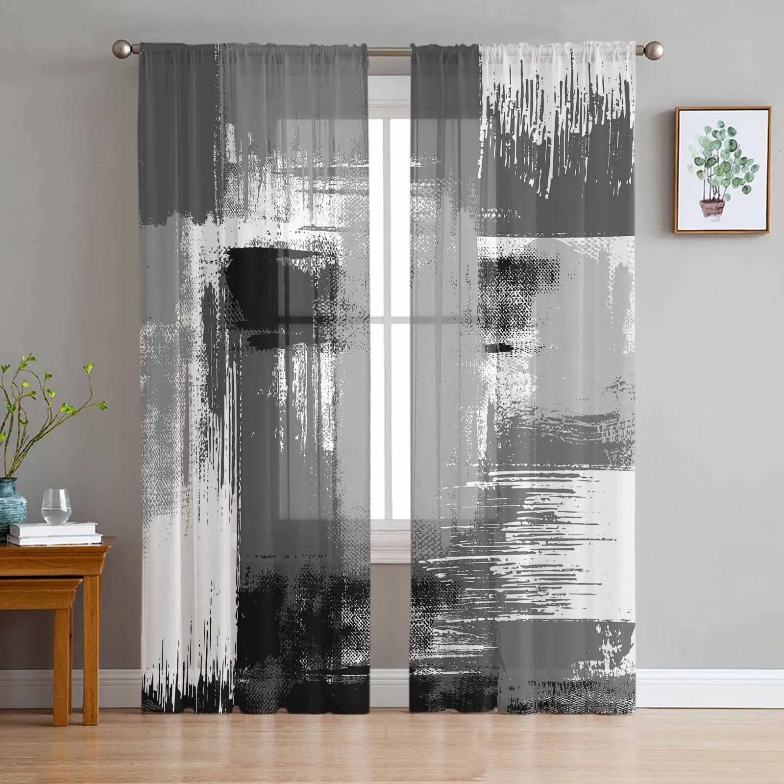 Abstract Paint Brush Oil Painting Tulle Sheer Curtains for Living Room ...