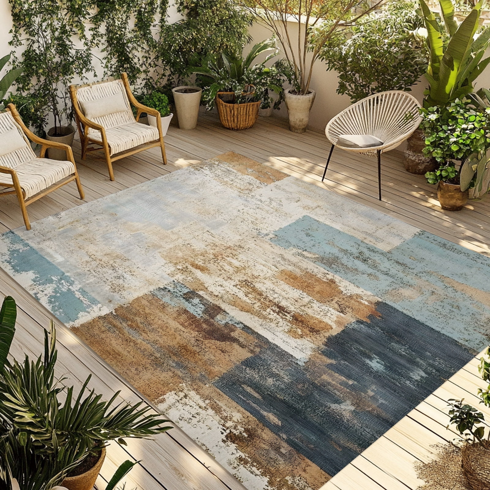 Abstract Paint Effect Outdoor Rug, Blue Brown Watercolor Art Non-Slip ...
