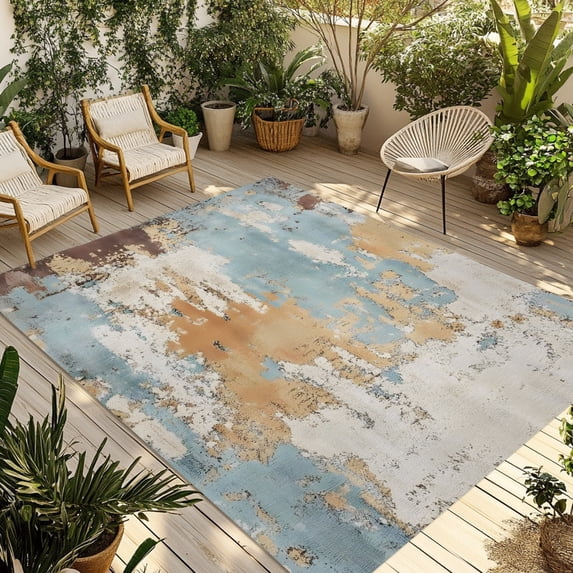 Abstract Paint Effect Outdoor Rug, Retro Blue Brown Watercolor Non-Slip ...