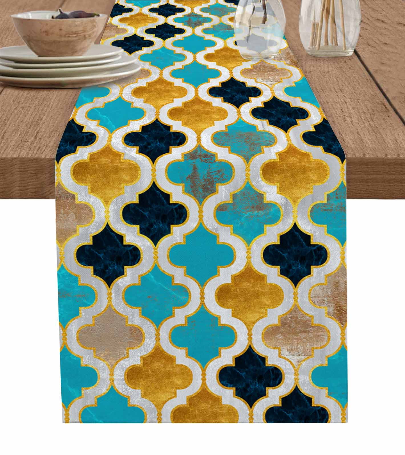Abstract Paint Moroccan Retro Blue Green Yellow Table Runners for ...