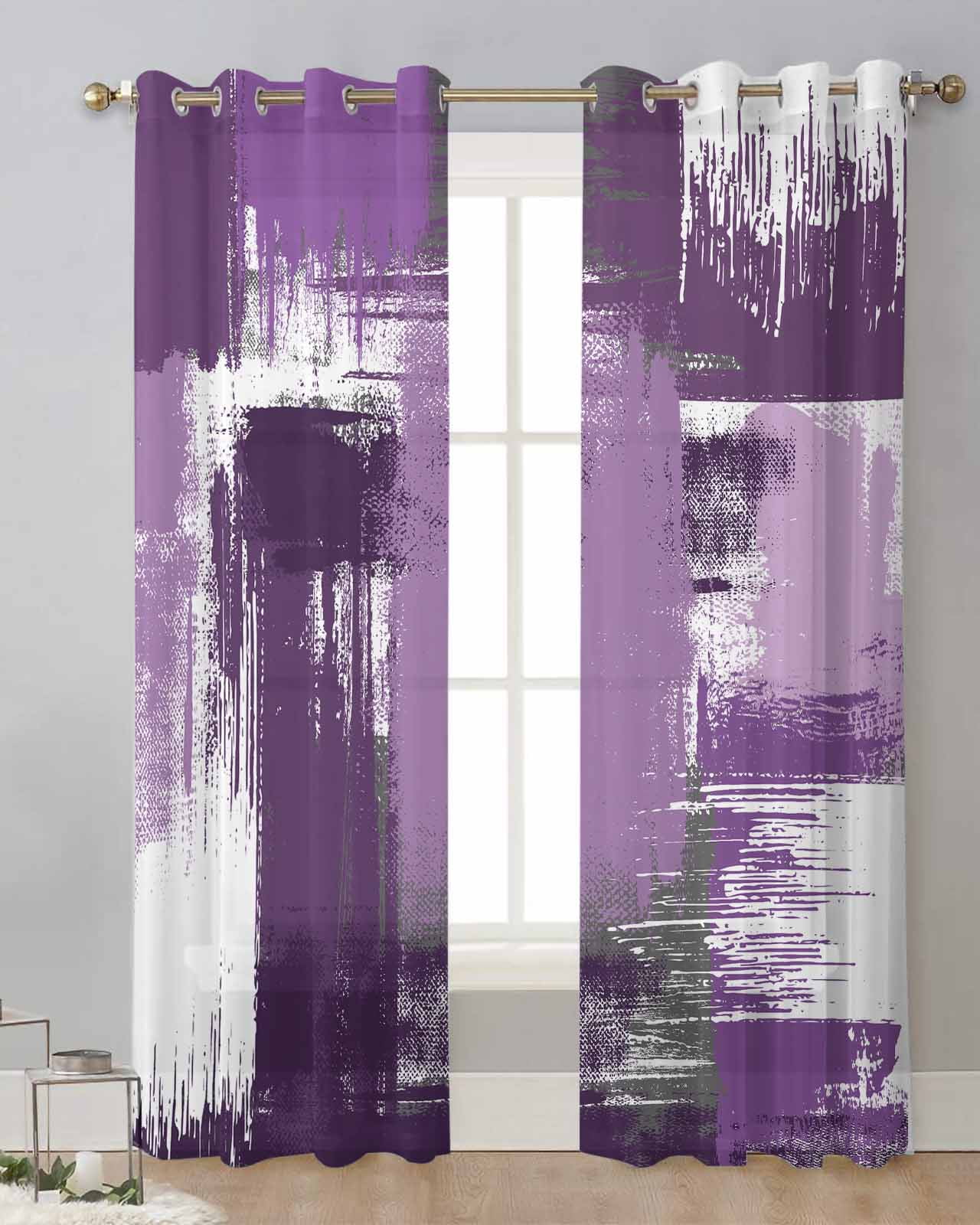 Abstract Paint Smear Yellow Gray Bedroom Voile Curtain Window Treatment ...