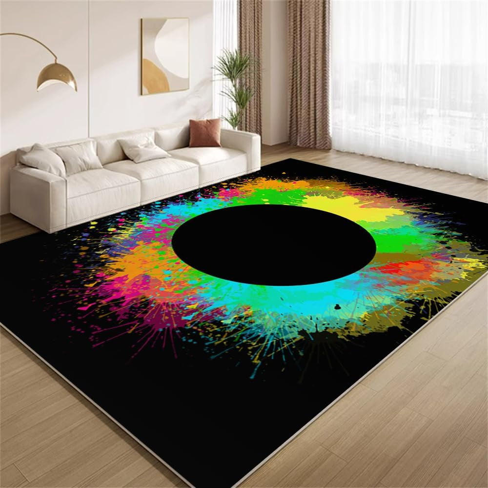 Abstract Paint Splash Area Rugs, Colorful Black Hole Carpet, Washable ...