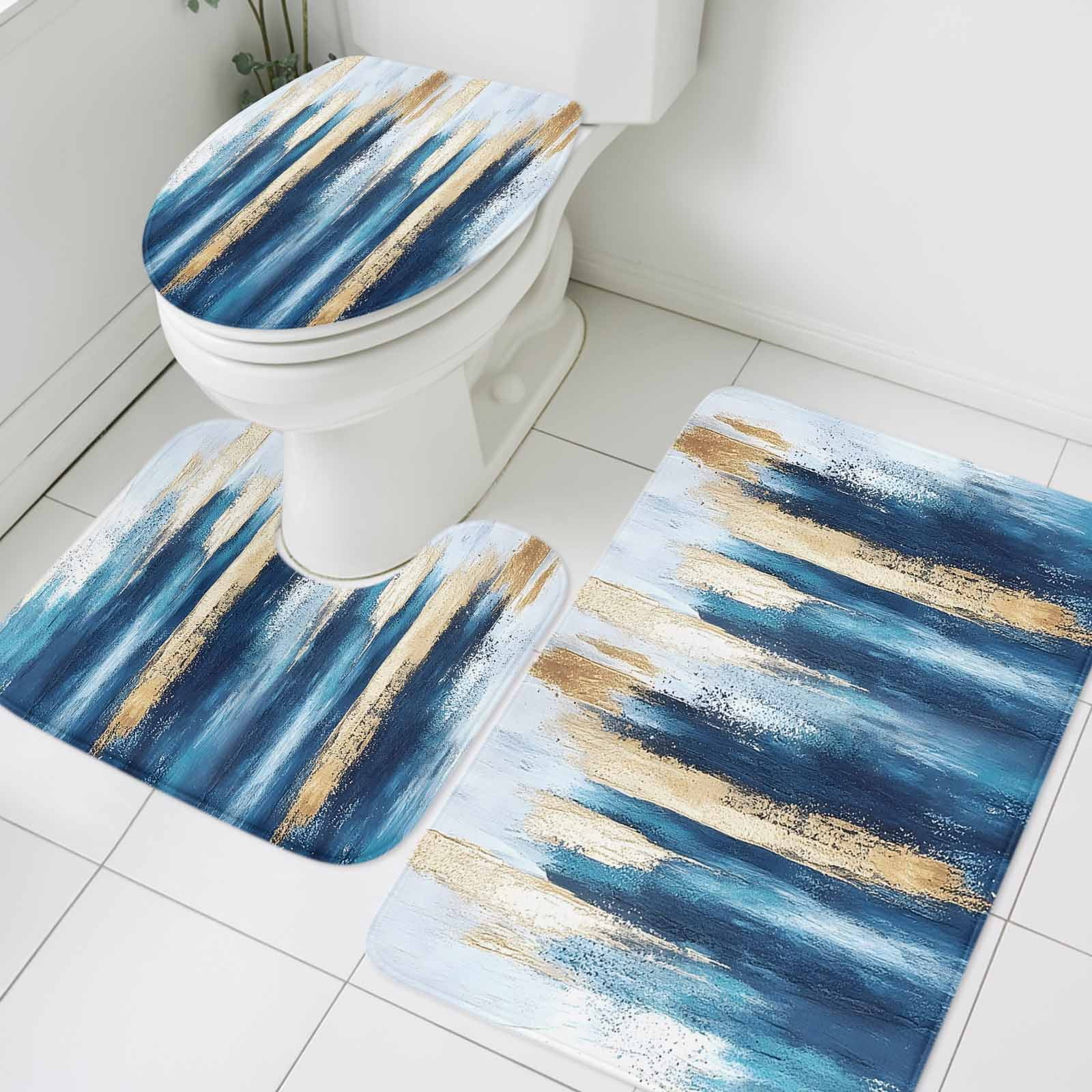 Abstract Paint Texture Bathroom Rugs Set Blue Gold Art Deco Non Slip ...